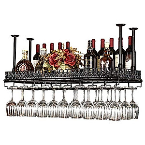 Creative Simplicity Wall-Mounted Retro Iron Art Storage Wine Rack Wine Bottle and Wine Glasses Display Shelf Black 100 X35X27Cm J1031, PIBM, Black, 150 * 35cm