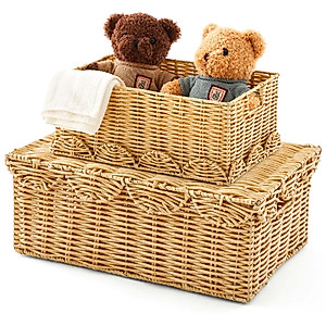 Sintuff 2 Pieces Hand Woven Rattan Basket with Lid Scalloped Storage Basket 2 Sizes Multipurpose Wicker Basket Large Decorative Storage Box for Shelf Closet, Natural