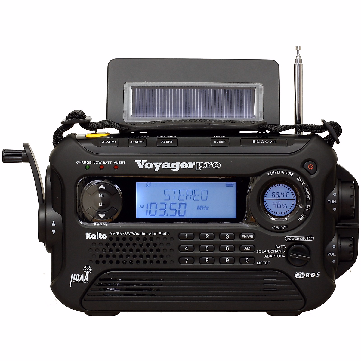 Kaito Voyager Pro KA600 Digital Solar Dynamo Crank Wind Up AM/FM/LW/SW & NOAA Weather Emergency Radio with Alert & RDS, Flashlight and Reading Lamp + Smart Phone Charger, Black