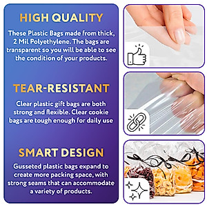 APQ Gusseted Plastic Bags 6" x 3" x 15", Pack of 100 Plastic Clear Gift Bags for Favors, Cookies, Candies, 2 Mil Thick Clear Poly Gusseted Bags with Open Top, Water-Resistant Clear Plastic Treat Bags