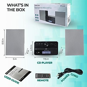 Philco Stereo Shelf Systems Tray Loading CD Player with Digital FM Radio, Bluetooth Streaming, Remote Control in Silver | LCD Display | 3.5mm Headphone Jack | MP3 & AUX Port Compatible | USB Input