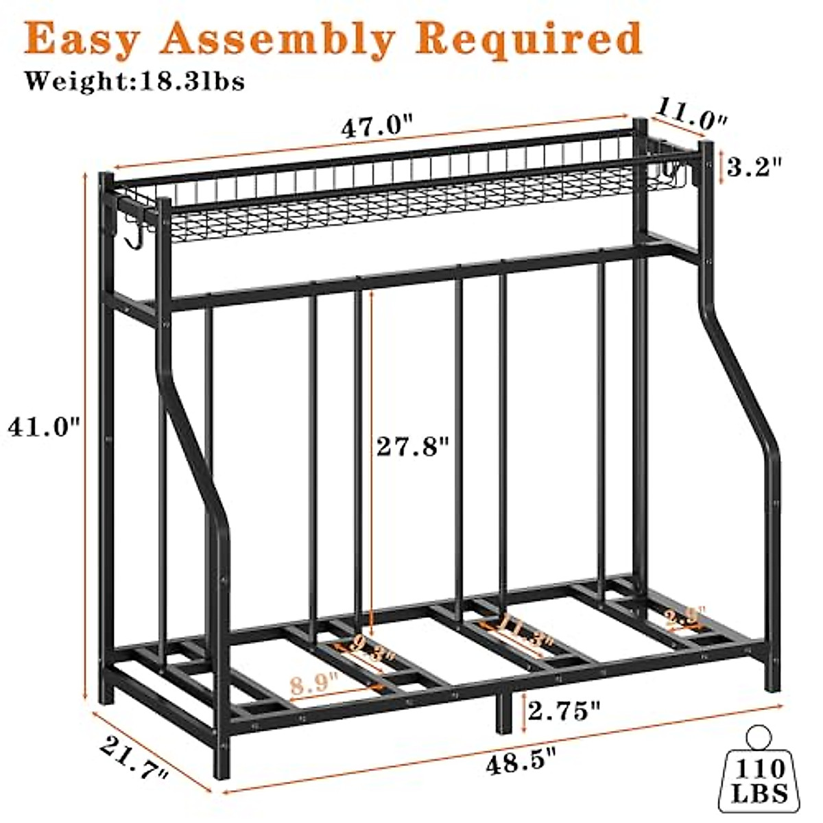 Gadroad 4 Bike Rack Garage with Storage Basket, Bike Rack Floor Stand, Garage Organizer Bike Parking Rack, Metal Floor Bicycle Rack Station for Mountain/Kids Bike, Black
