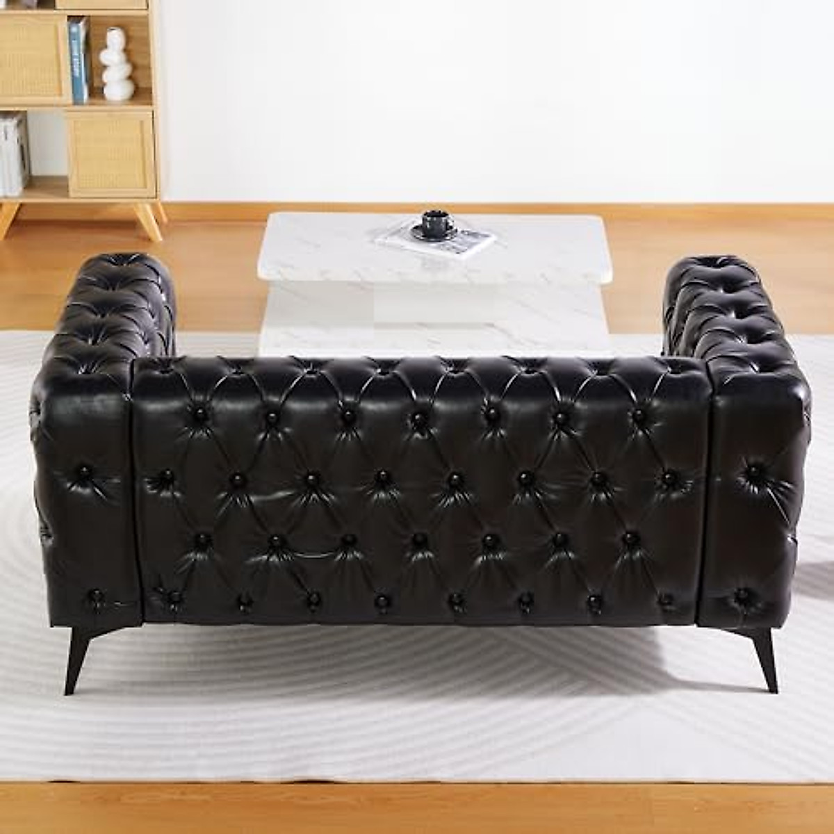 Chesterfield Loveseat, Modern Faux Leather Button Tufted Accent Sofa Couch with Square Arms and Metal Legs for Living Room, Bedroom, Office, Apartment (Black)