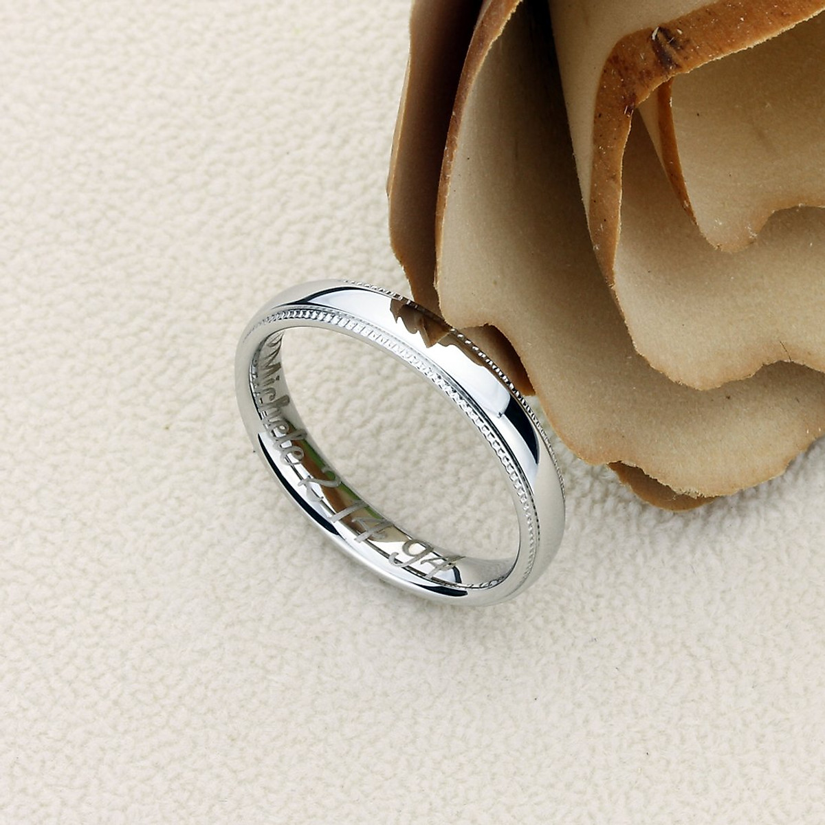 Prime Pristine Free Engraving Personalized Stainless Steel Wedding Band Ring 4MM Milgrain Edges Domed Classy Ring SZ:6