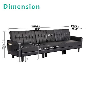 URRED Futon Sofa Bed Loveseat Sofa Sleeper, Loveseat Sofa Bed Tufted Design with Adjustable Backrest and Side Pockets (Black-3 Seats)