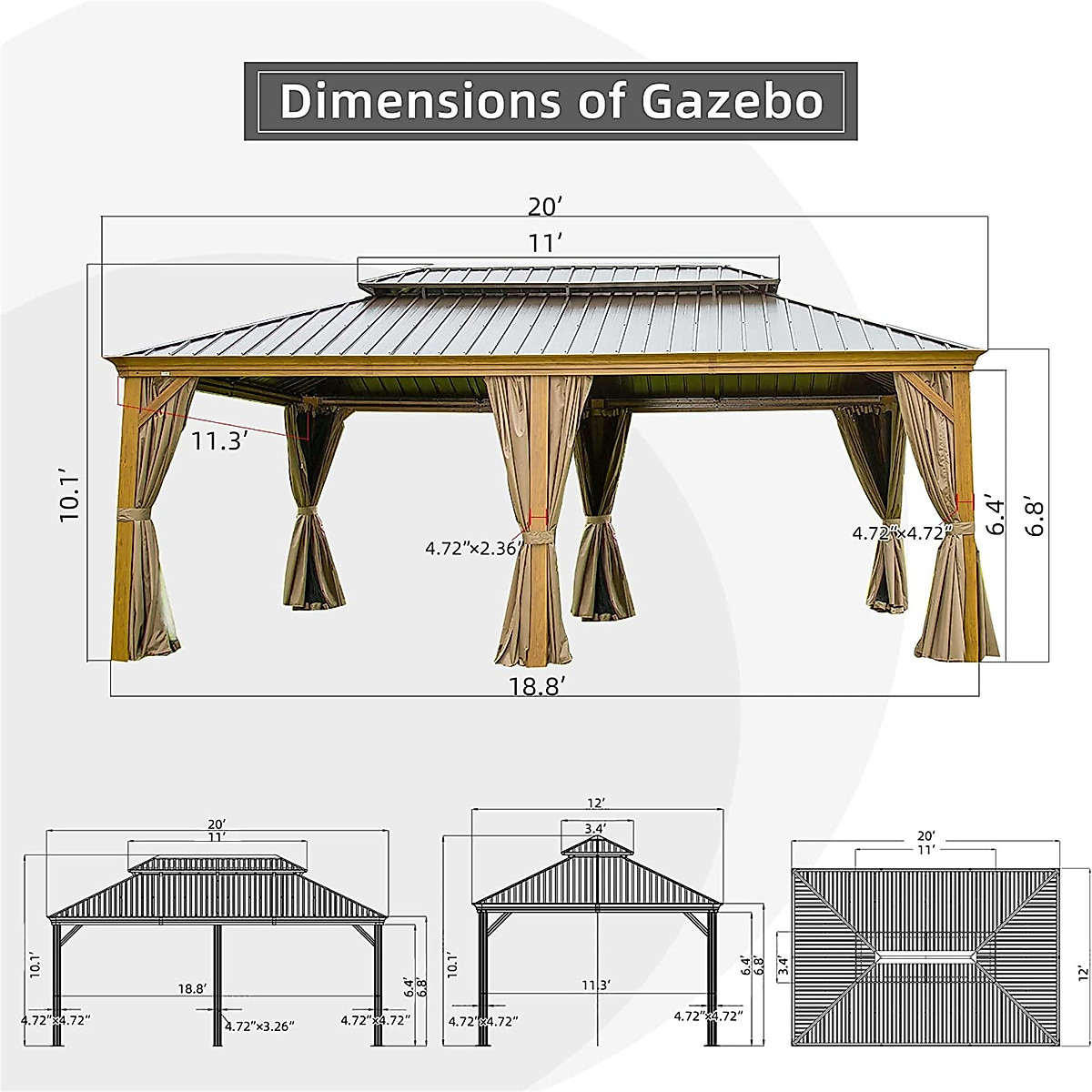 Evedy 12'x20' Hardtop Gazebo Outdoor Aluminum Wood Grain Gazebos with Galvanized Steel Double Canopy for Patios Deck Backyard,Curtains&Netting