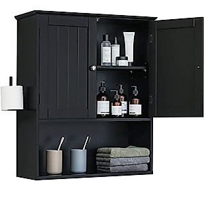 Iwell Bathroom Cabinet Wall Mounted with 2 Shelf & Toilet Paper Holder, 23.6''L*8.9''W*27.9''H Medicine Cabinet, Double Doors for Bathroom, Over The Toilet Space Saver Storage Cabinet, Black