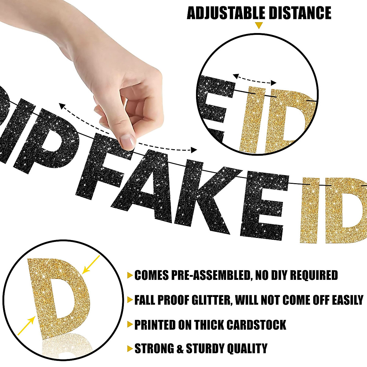KatchOn, Glitter RIP Fake ID Banner Black and Gold - Prestrung, 10 Feet | Finally 21 Banner for Golden 21st Birthday Decorations for Him | Happy 21st Birthday Banner for Happy Birthday Decorations