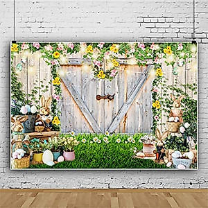 8x6ft Easter Spring Backdrop, Rustic Wooden Door Wall Bunny Rabbit Eggs Flower Greenery Photography Background Baby Shower Kids Birthday Party Decor Portrait Banner Photo Booth Studio Props