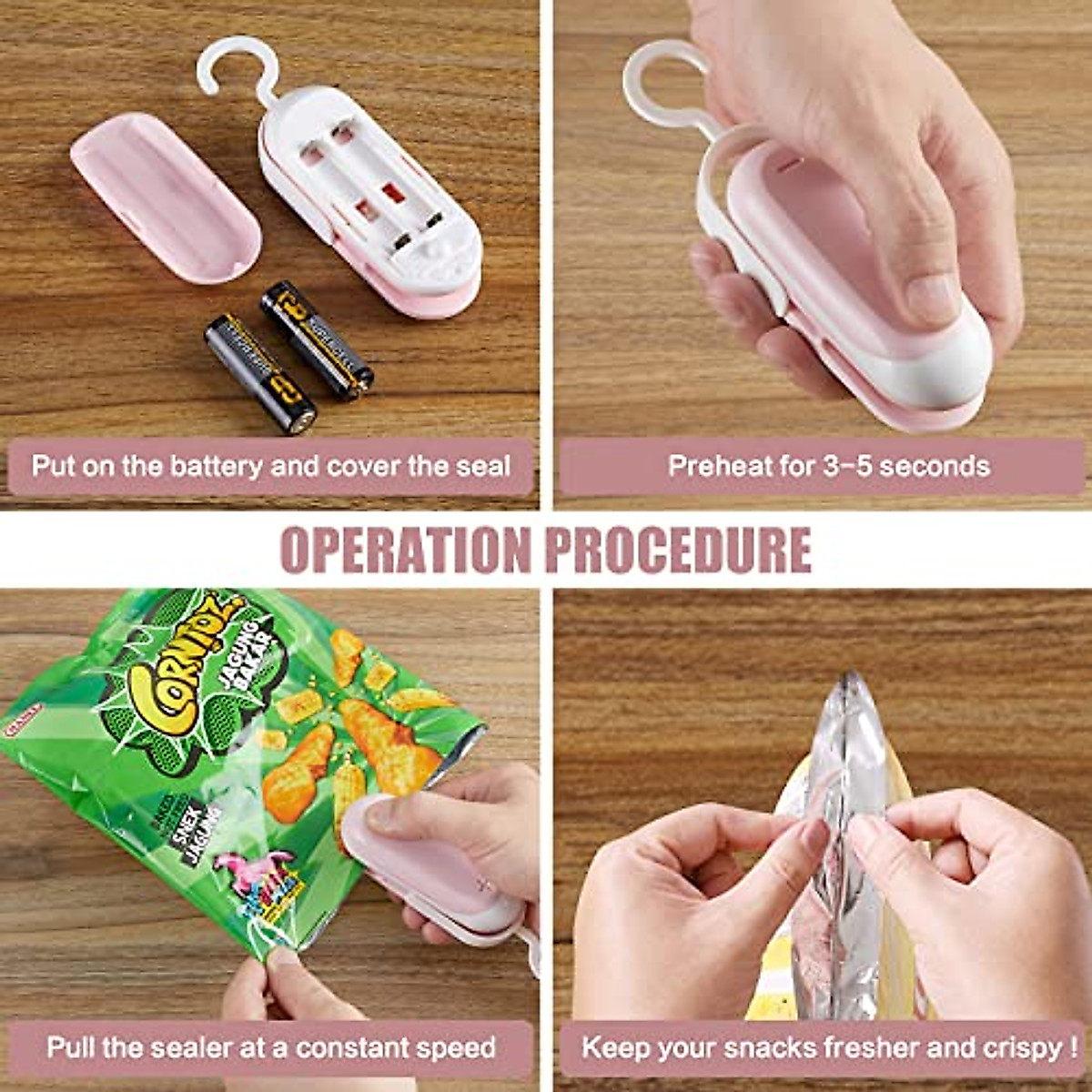MVNIHEK 2 In 1 Mini Bag Sealer, Portable Heat Sealer and Cutter with Hook,Bag Sealer Mini Sealing Machine Kitchen Gadget for Plastic Bags Food Chip Storage (Pink)