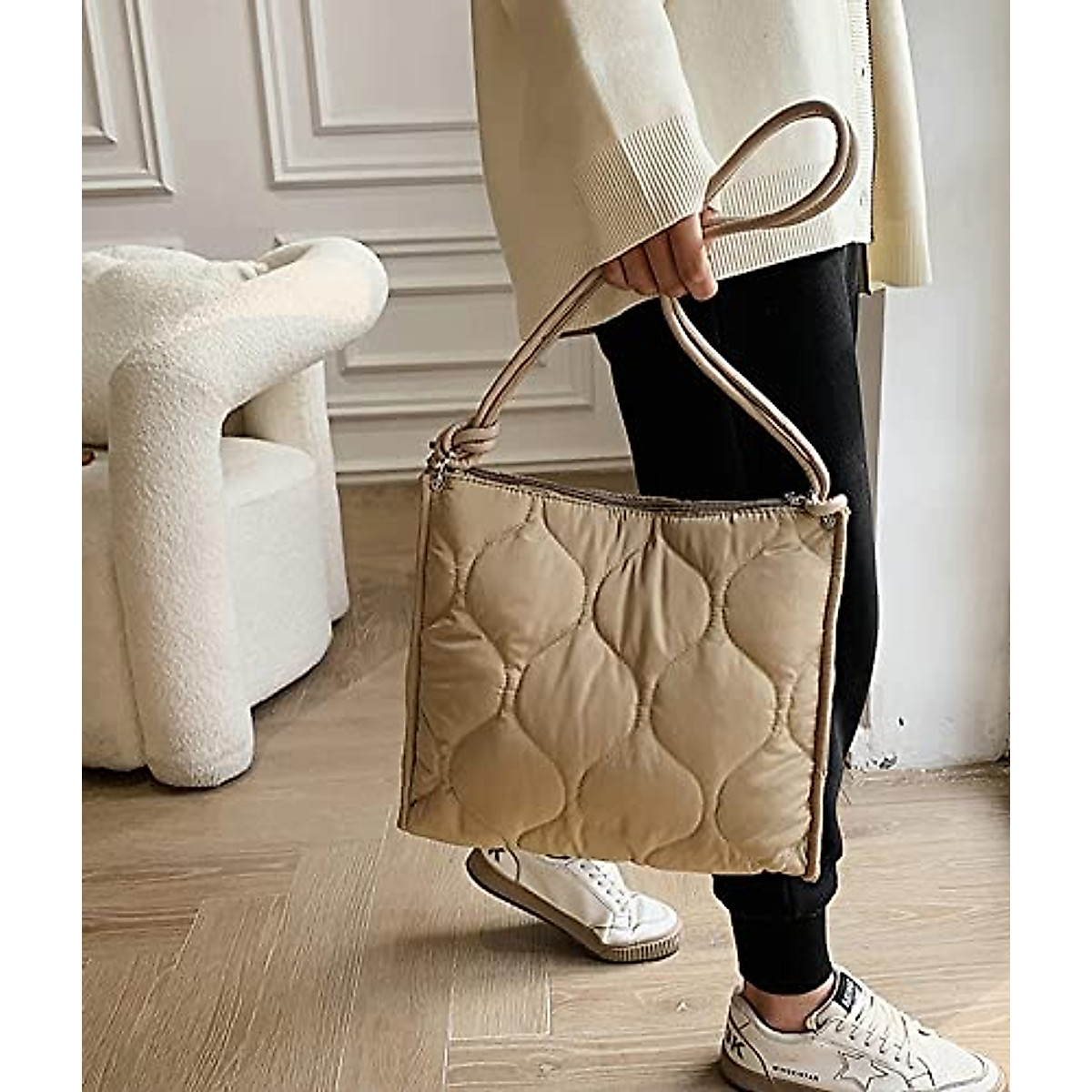 Large Quilted Tote Handbag Down Padding Top-Handle Bag Purse Slouchy Fashion Tote Bag for Women