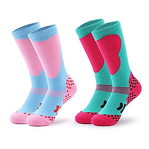 KUYOU Kids Ski Socks, 2 Pair Warm Long Knee High Snow Winter Skiing Snowboarding Skating Socks for Youth Boy Girl