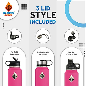 Blazin Goods 24oz Stainless Steel, Leak Proof, Vacuum Insulated Stainless Steel, Double Walled Water Bottle | 3 Lids, 2 Straws, 1 Wire cleaning brush (Pink)
