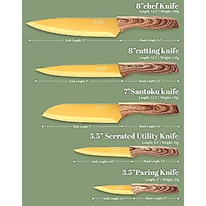 EUNA 5 PCS Chef Knife Set Ultra Sharp Kitchen Knife Set with Sheaths and Gift Box,Premium German Stainless Steel Knives Set for Kitchen with PP Ergonomic Handle (Gold)