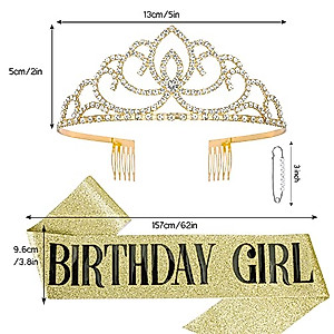 FASOTY Birthday Crown and Birthday Girl Sash Birthday for Women Crowns Tiara for Women and Birthday Sash for Women Birthday Decorations for Girls Rhinestone Crown Princess Birthday Decorations Gold
