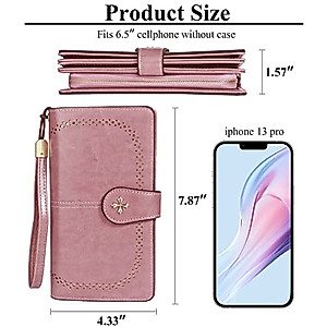 Long Wallets for Women PU Leather Credit Card Holder with Zipper Compartment Large Capacity Trifold Clutch Wristlet Multi Card Case Wallet (3-Pink)