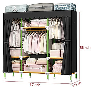 YOUUD Portable Closet 57 Inch Wardrobe Closet Clothes Organizer with 3 Storage Shelves and 3 Hanging Rods, Cloth Closet of Colored Rods Black Cover Quick and Easy to Assemble,Strong and Durable