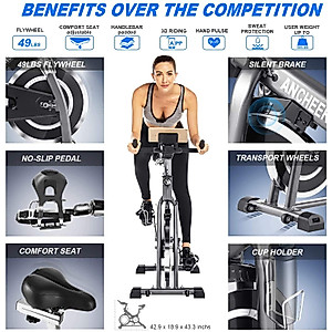 FUNMILY Exercise Bike, Indoor Cycling Bike with 49LBS Flywheel and APP Heart Rate Monitor, Adjustable Seat Handlebar, 380lbs Max Weight