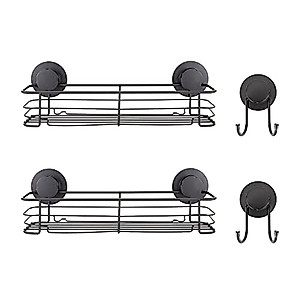 JS Jackson Supplies Set of Matte Black Suction Cup Rectangular Shower Shelves, (2) Caddies and (2) Suction Cup Shower Hooks