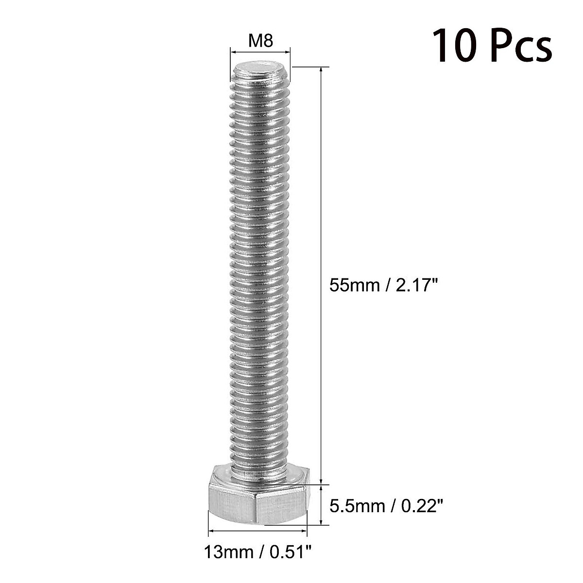 10 Pcs M8 Hex Bolt M8-1.25 x 55mm UNC Hex Head Screw Bolts A2-70(304) Stainless Steel Fully Threaded Hex Tap Bolts，Plain Finish，Fully Threaded (M8 x 55mm)