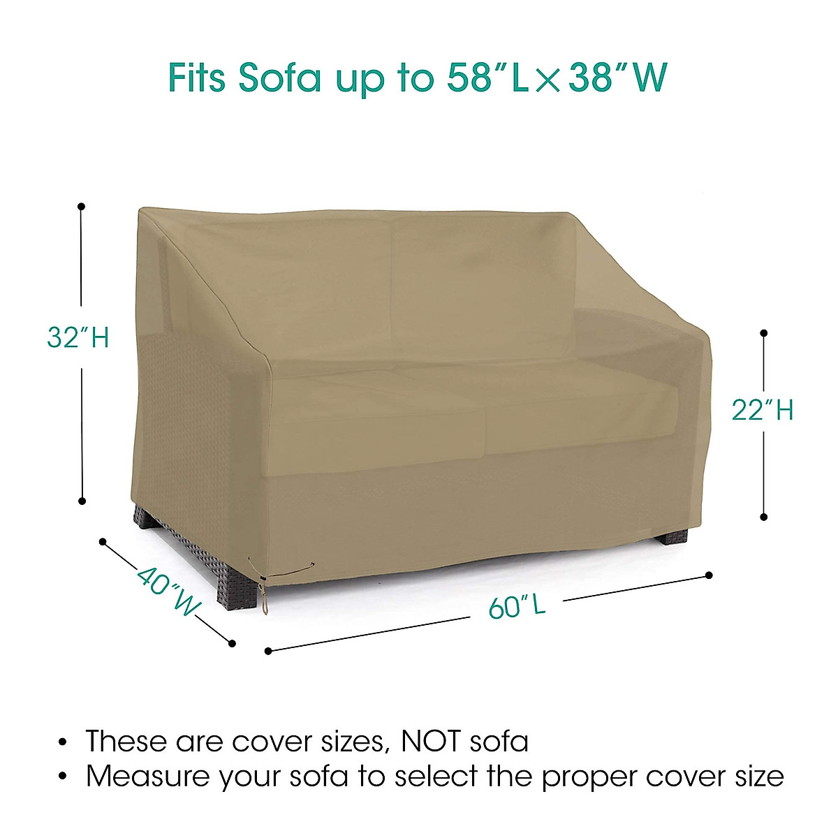 SunPatio Waterproof Patio Sofa Covers, Heavy Duty Outdoor Furniture Covers, Deep Seated Loveseat Covers with Air Vent/Closure Straps/Drawstrings, All Weather Protection, 60" L x 40" W x 32" H, Taupe