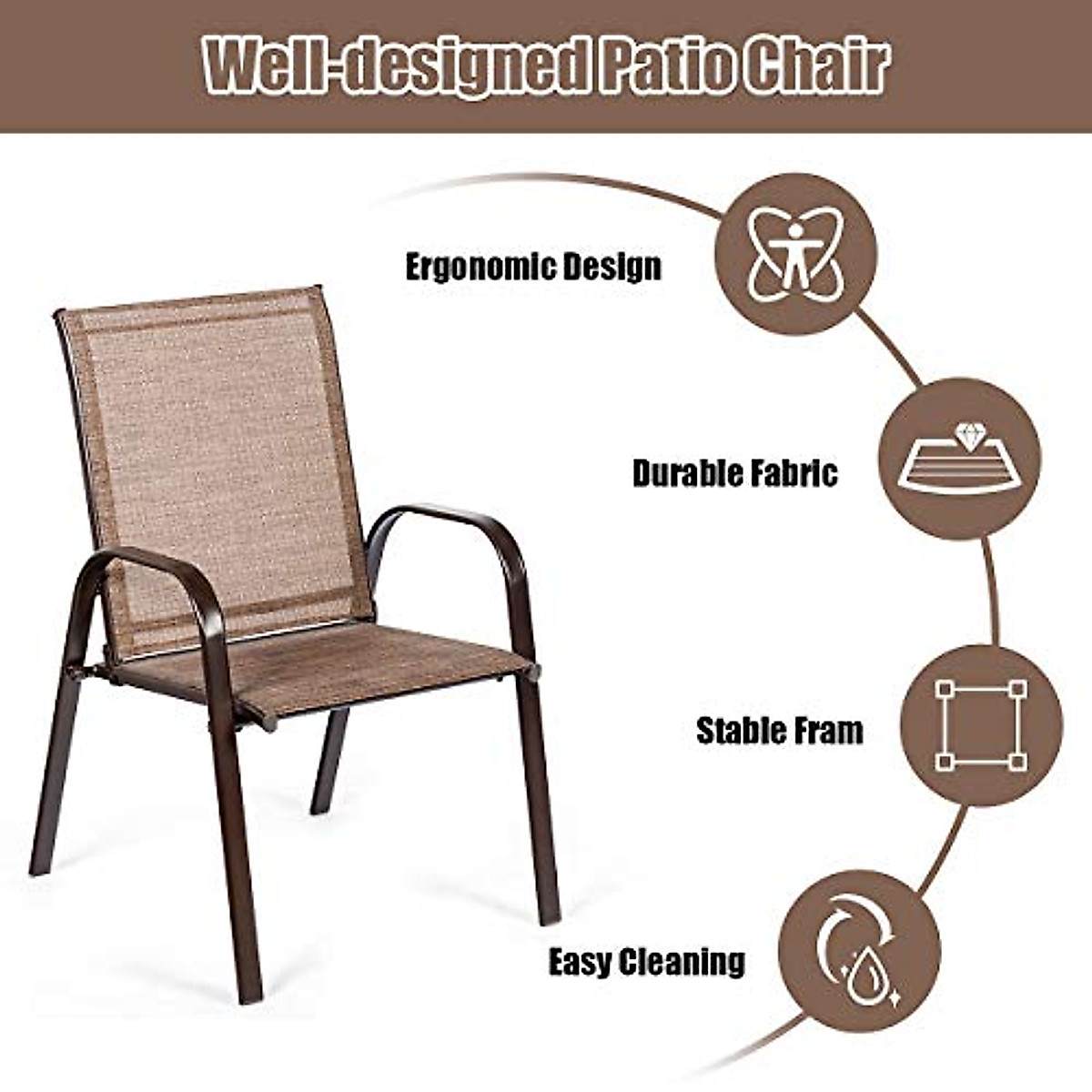 Giantex 2 Piece Patio Chairs, Outdoor Camping Chairs with Breathable Fabric, Set of 2 Garden Chairs with Armrest High Backrest for Garden Patio Pool Beach Yard Space Saving (1, Brown)