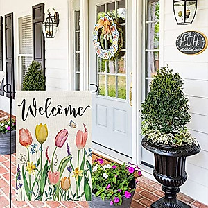 CROWNED BEAUTY Spring Garden Flag Floral 12x18 Inch Double Sided for Outside Tulips Welcome Burlap Small Yard Holiday Decoration CF743-12