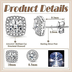 Jstyle 18K White Gold Plated Halo Stud Earrings 925 Sterling Silver Cubic Zirconia Stud Earrings Round Square Red Stud Earrings Set for Women Men CZ Birthstone Jewelry Gifts
