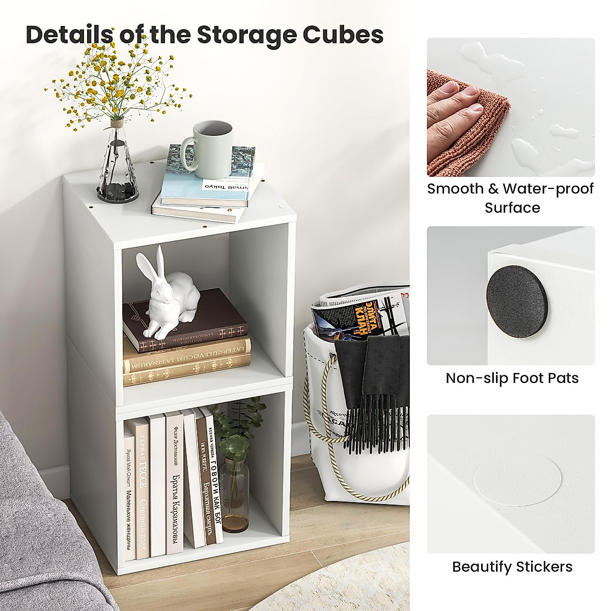 Giantex 2 Cube Bookshelf Organizer, 2-Tier Stackable Cube Storage Organizer, Small Wooden Open Book Shelf with Anti-toppling Device, Wood Floor Standing Display Shelving Bookcase, White