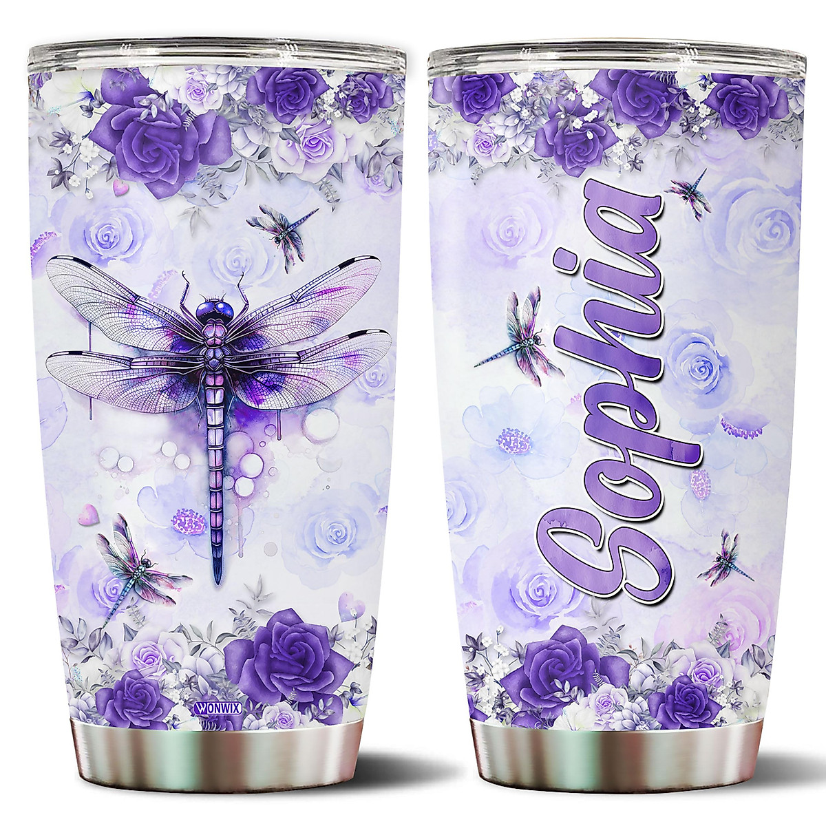 WONWIX Personalized Dragonfly Coffee Mug Cups Gifts For Women Unique Mom, Purple Dragonflies Water Bottle Mothers Day Birthday Christmas Valentine 20oz Stainless Steel Thermos Tumbler Cup With Lid