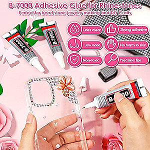 Audab B7000 Jewelry Adhesive Glue with Rhinestones for Crafts, 2100Pcs Flat Back Gems Crystal Rhinestones with Tweezer Dotting Tools Clear Glue for DIY Clothes Fabric Shoes Jewelry Making Nail Art