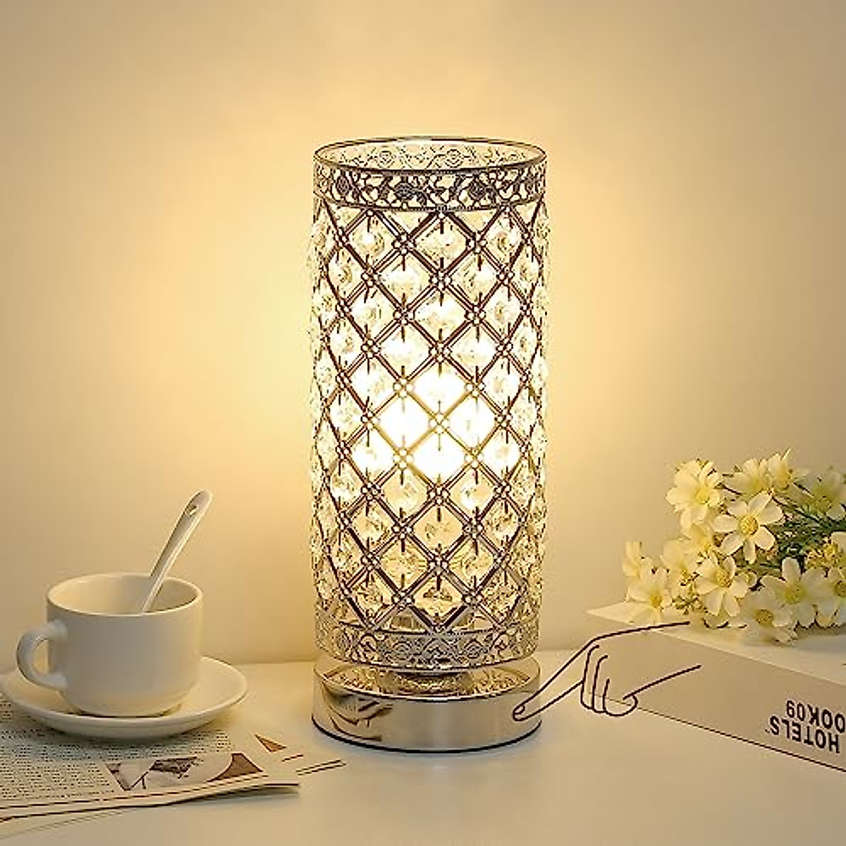 Seaside village Crystal Table Lamp Touch Control Dimmable Accent Desk Lamp Bedside Modern Table Light with Silver Lamp Shade Night Light Fixture for Living Room Bedroom Kitchen