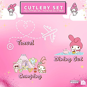 hombäde Plastic Cutlery Tableware Flatware Silverware 5 Piece Set Portable Reusable Travel Cute Kawaii Anime Cartoon Dog Bunny for Boys and Girls (Pink Melody)