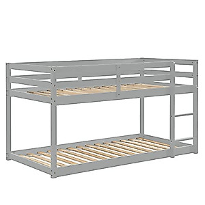 Majnesvon Twin Over Twin Low Bunk Bed with Safety Guardrail, Climbing Ladder, Easy to Assemble, Saving Space, Bed Bedroom Storage Guard Rail Ladder(Gray)