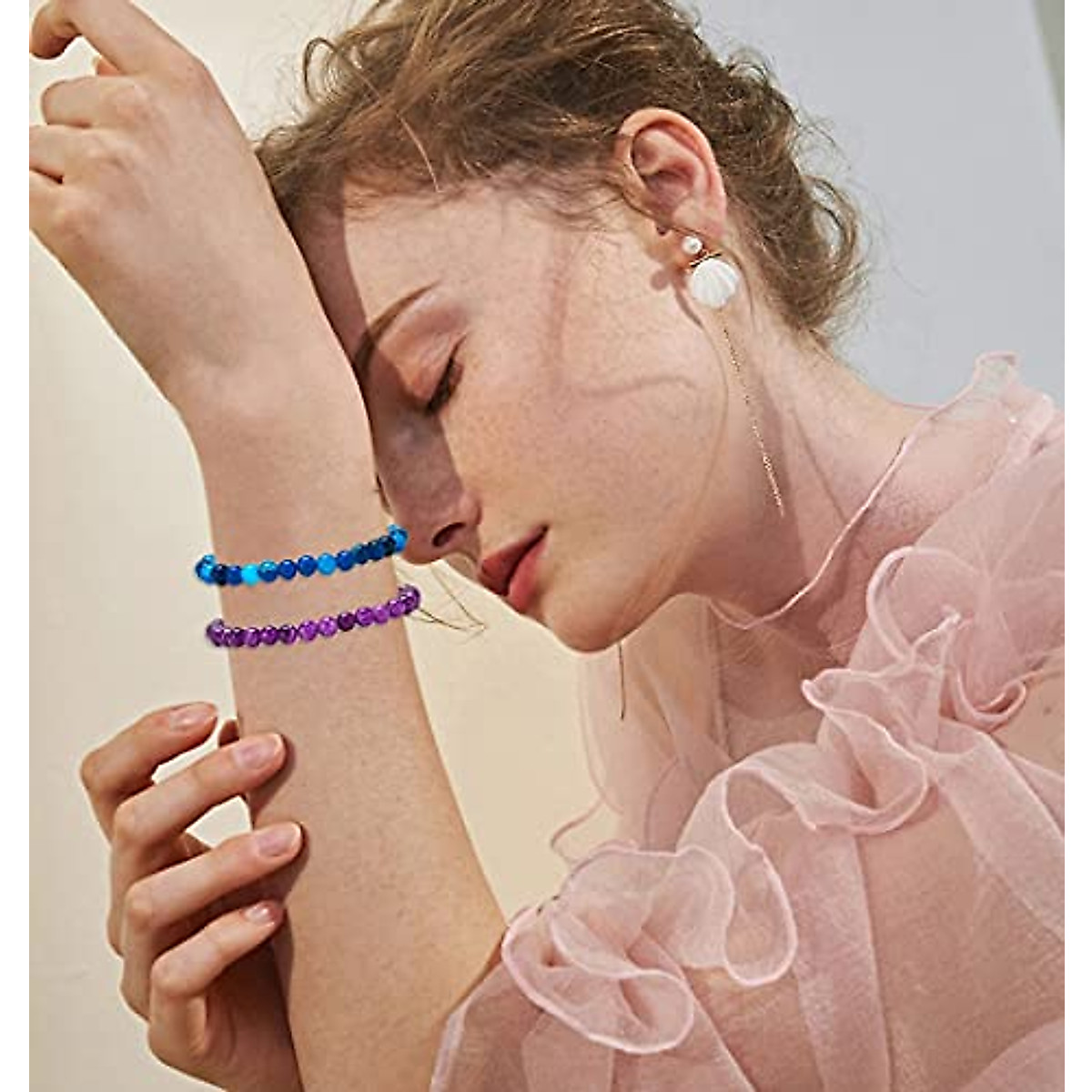 Jewdreamer 12PCS 6mm Gemstones Bracelets for Women Semi Precious Healing Crystal Stone Stretch Round Beaded Bracelet Handmade Energy Bracelets adjustable