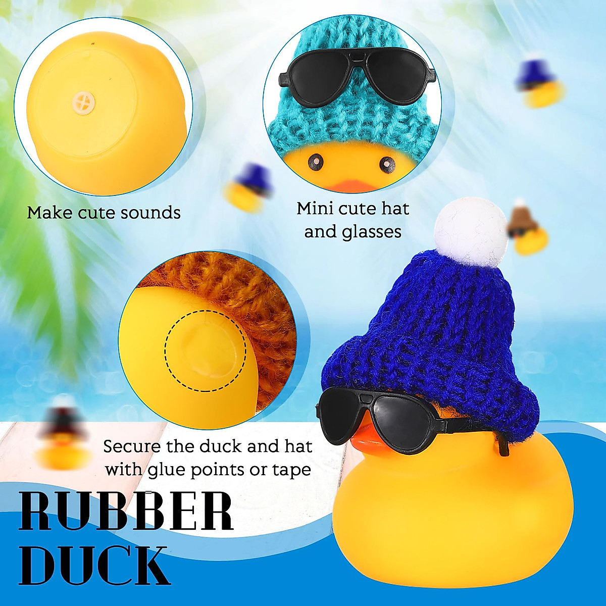 48 Pcs Mini Rubber Duck in Bulk with 48 Pcs Sunglasses and 48 Pcs Knitting Hats Sets, Duck Bath Rubber Ducky Bathtub Toys for Gift Cruise Birthday Baby Shower Party