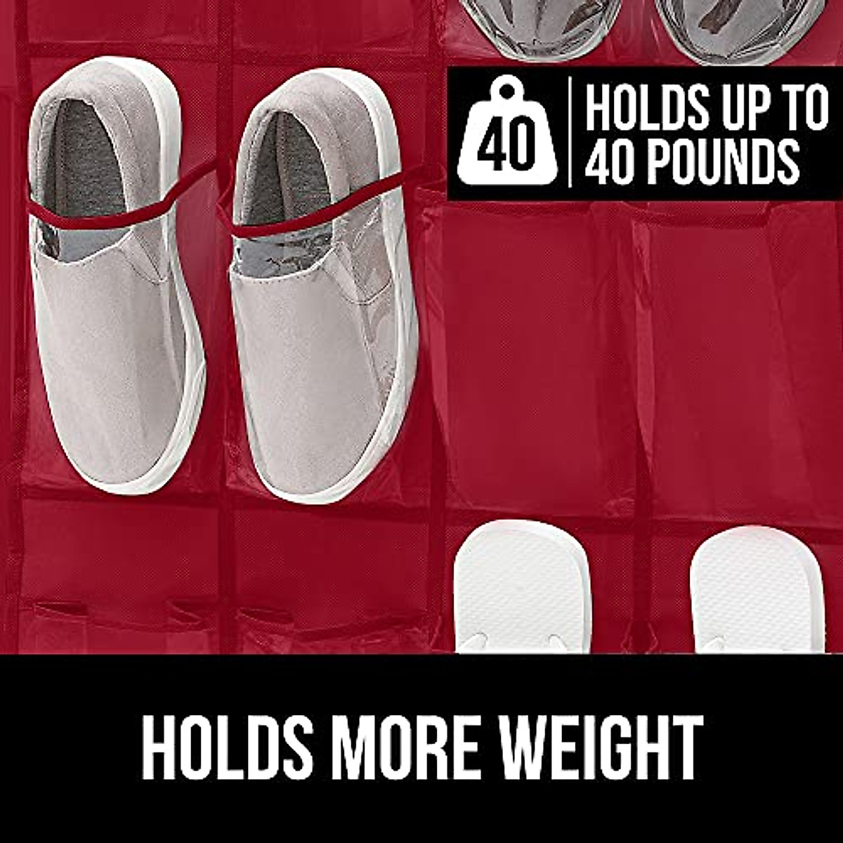 Gorilla Grip Crystal Clear Large 24 Pocket Shoe Organizer, Holds Up to 40 Pounds, Sturdy Hooks, Space Saving, Over Door, Storage Rack Hangs on Closets for Shoes, Sneakers or Accessories, Red