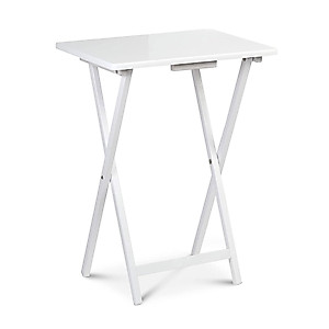 PJ Wood Lightweight Rectangle Solid Wood Construction Multifunctional Folding Table Tray with Compact Storage Rack, White, 2 Piece Set