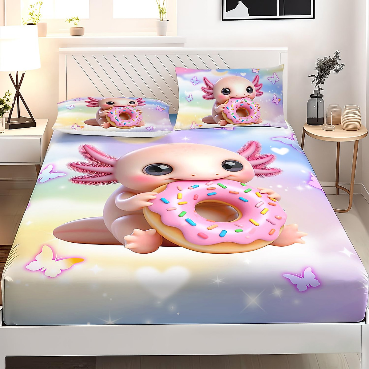 AILONEN Cute Axolotl Fitted Sheet Set Full Size,3-Piece Doughnut Axolotl Bed Sheet Set for Kids Girls All Season,Pretty Butterfly Design Axolotl Print Fitted Sheet with 2 Pillowcases,Microfiber