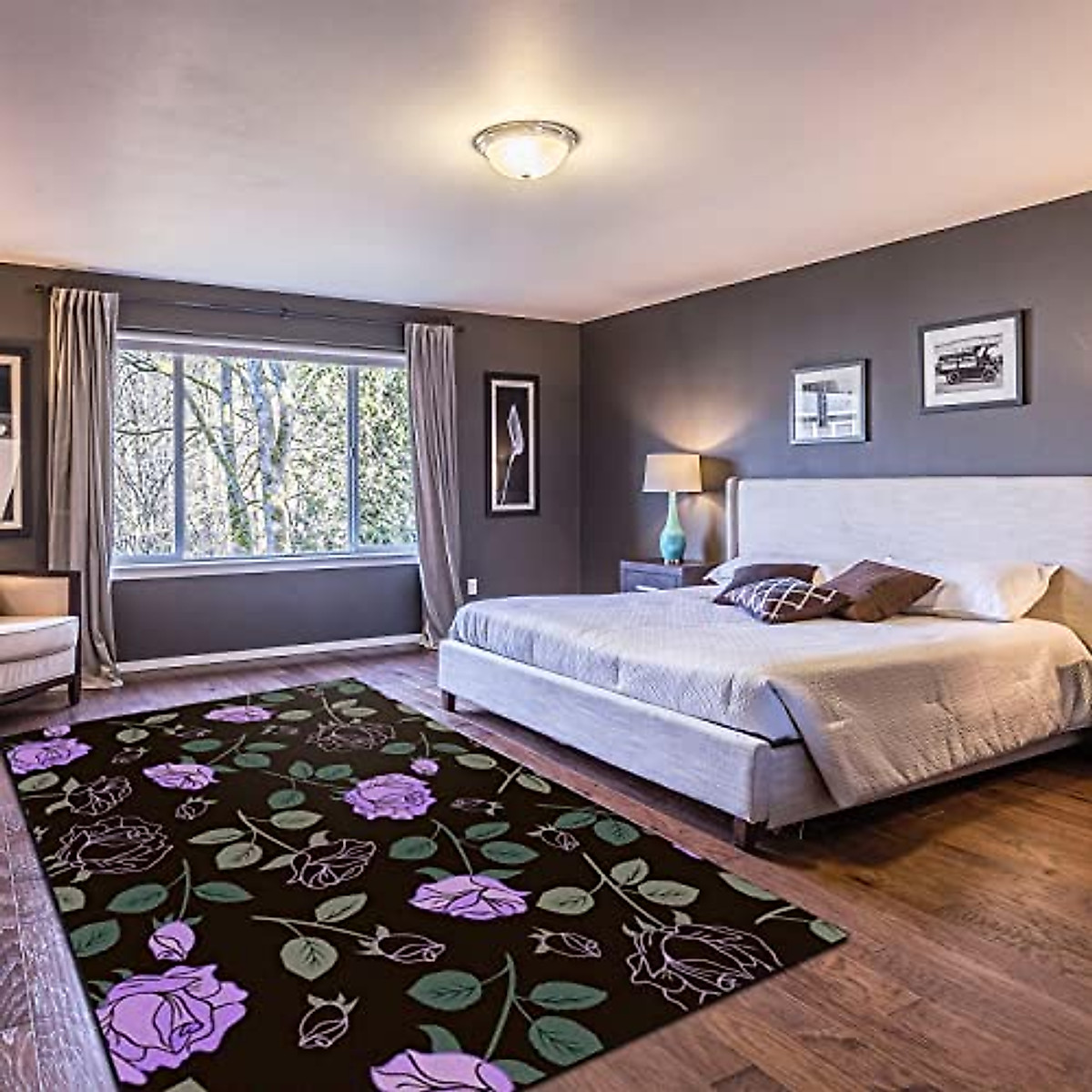 Purple Rose Black Background Area Rugs, Romantic Home Decor Floor Carpet, Indoor Area Rugs Non-Slip Durable Non Shedding Washable for Living Room Dining Room Bedroom Office 5ftx7ft