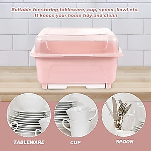 STOBAZA Dish Drying Rack with Drain Board Kitchen Dish Drainer with Lid Cover, Baby Nursing Bottle Holder, Dish Dryer Holder, Utensil and Cup Holder for Kitchen Counter (Pink)