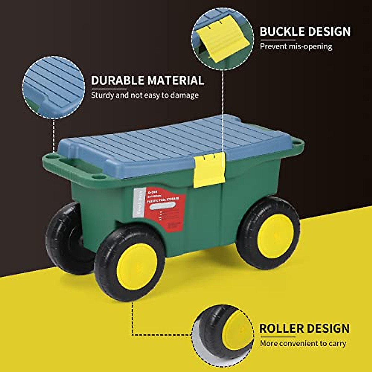 Portable Multi-Function Garden Cart with Seat and Wheels, Gardening Rolling Tool Cart with Storage Bin and Tool Tray, Outdoor Garden Stool and Wagon with Traction Rope for Weeding Gardening Lawn Care