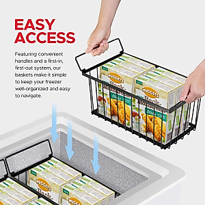 Tafura Freezer Organizer Bins (14" Lx7 Wx6.1 H) - 4 Pack Stackable Freezer Baskets Sort Frozen Meats & Food - Deep Freezer Organizer Bins with Handles for Upright & Chest Freezer (Black)