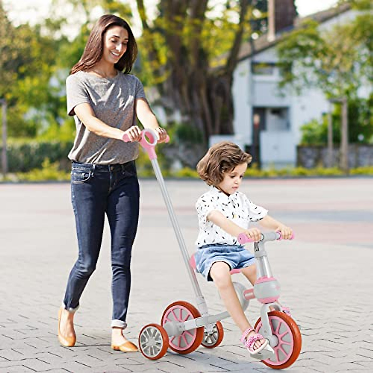 OLAKIDS Toddler Tricycle, 5 in 1 Kids Trike for Age 2-4 with Push Handle, Baby Bike with Adjustable Seat and Handle, Removable Pedal and Training Wheels for Boys Girls Toy Gift (Pink)