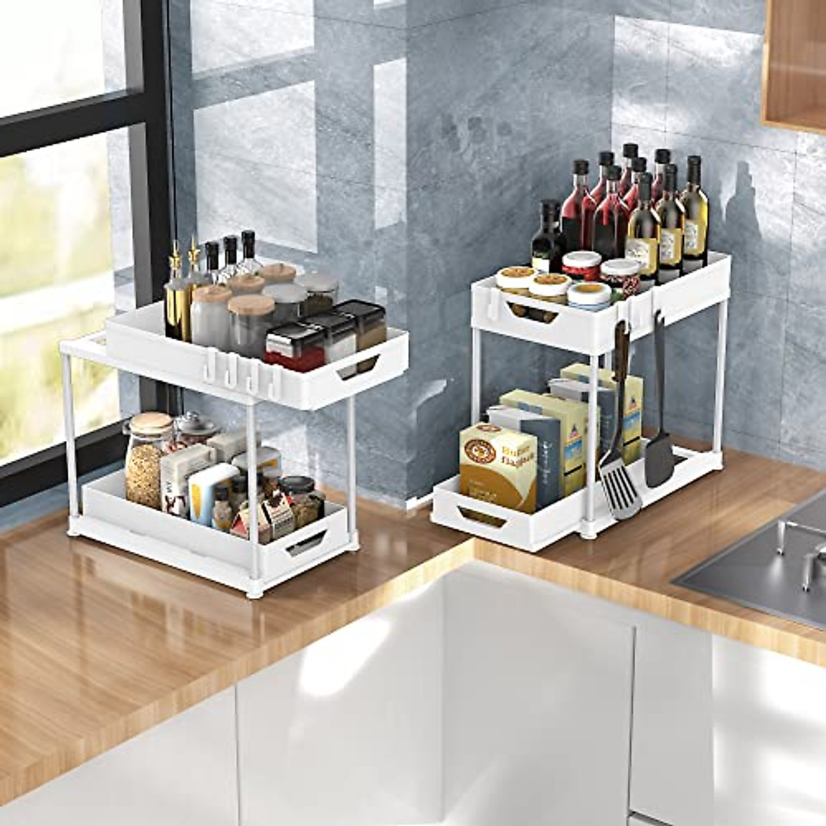 Under Sink Organizers and Storage 2 Pack, Pull-out Large Capacity Under Bathroom and Kitchen Cabinet Storage Drawer Organizer with Hooks, Multi-purpose Under Sink Shelf Organizer, White