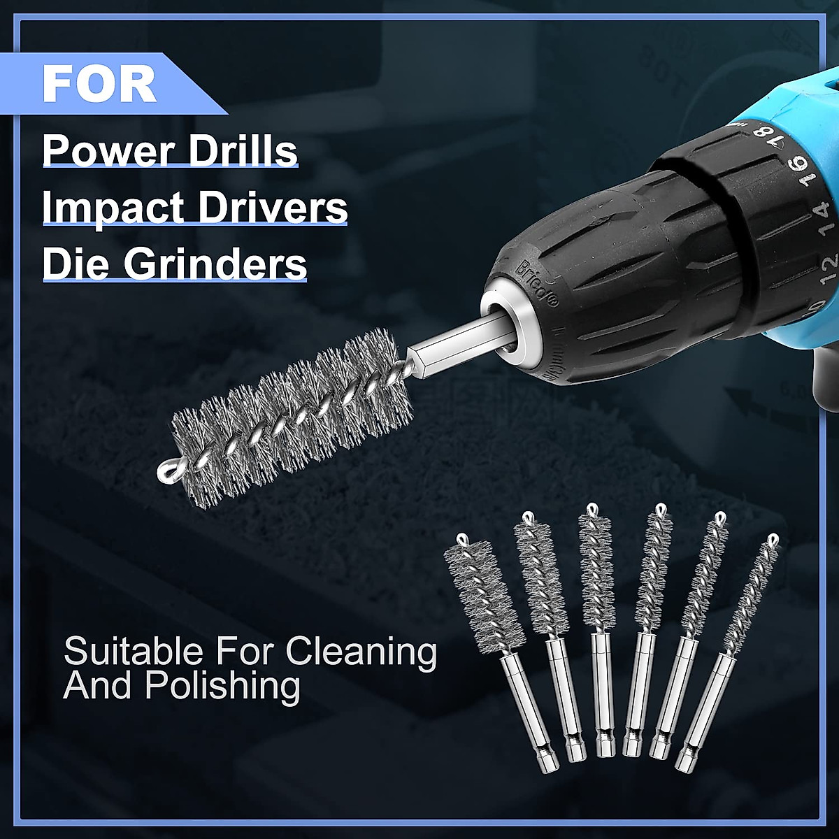 Auto Wire Brush 18-Pack Bore Brush Set Variety of Size Stainless Steel, Brass, Nylon Twisted for Cleaning Rust, 1/4in Hex Drill Shank for Power Drill Impact Driver with Handle, Extension Bar, Tool Bag