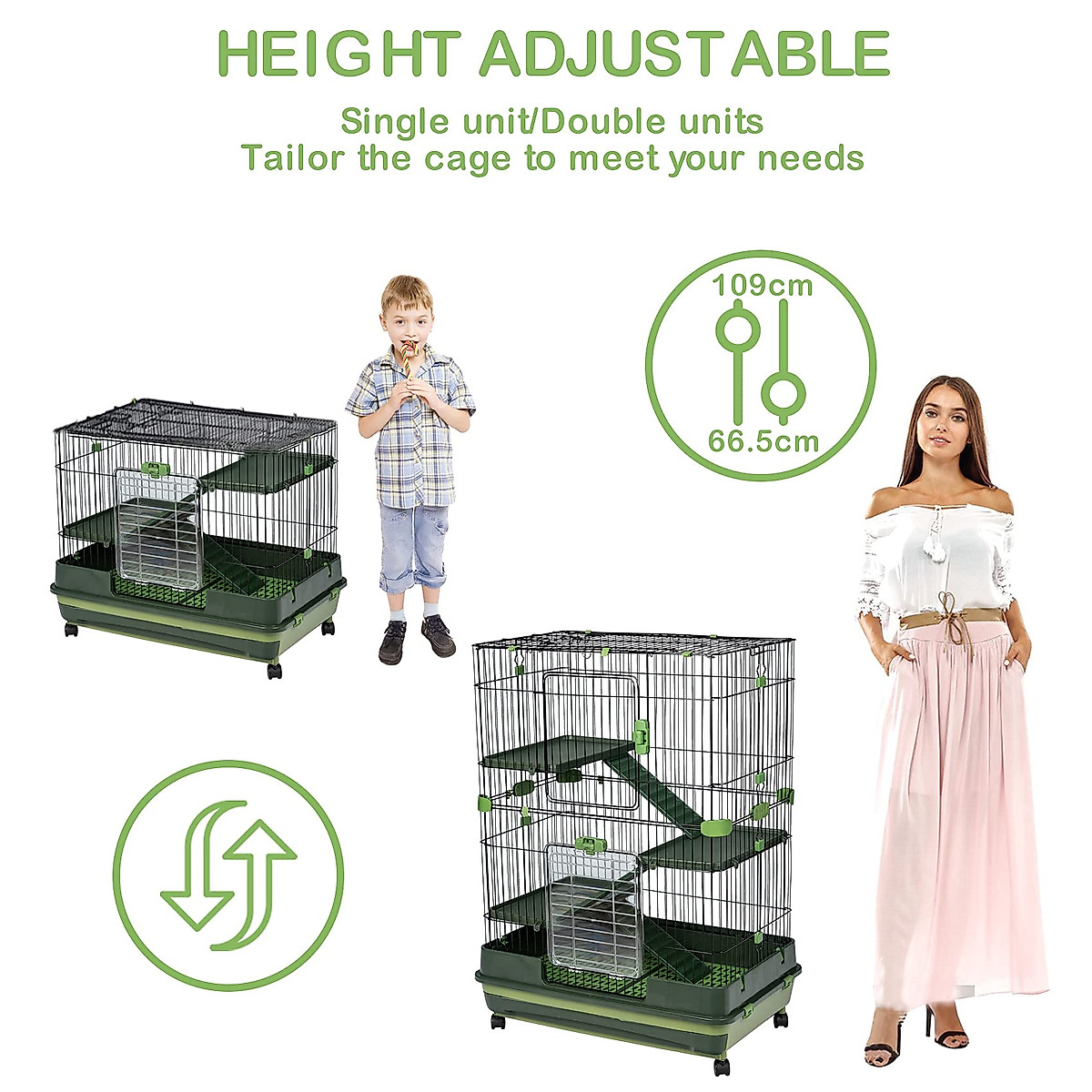 Gecheer 4-Tier 32" Small Animal Metal Cage Height Adjustable with Lockable Casters Grilles Pull-Out Tray for Rabbit Chinchilla Ferret Bunny Guinea Pig Squirrel Hedgehog Green