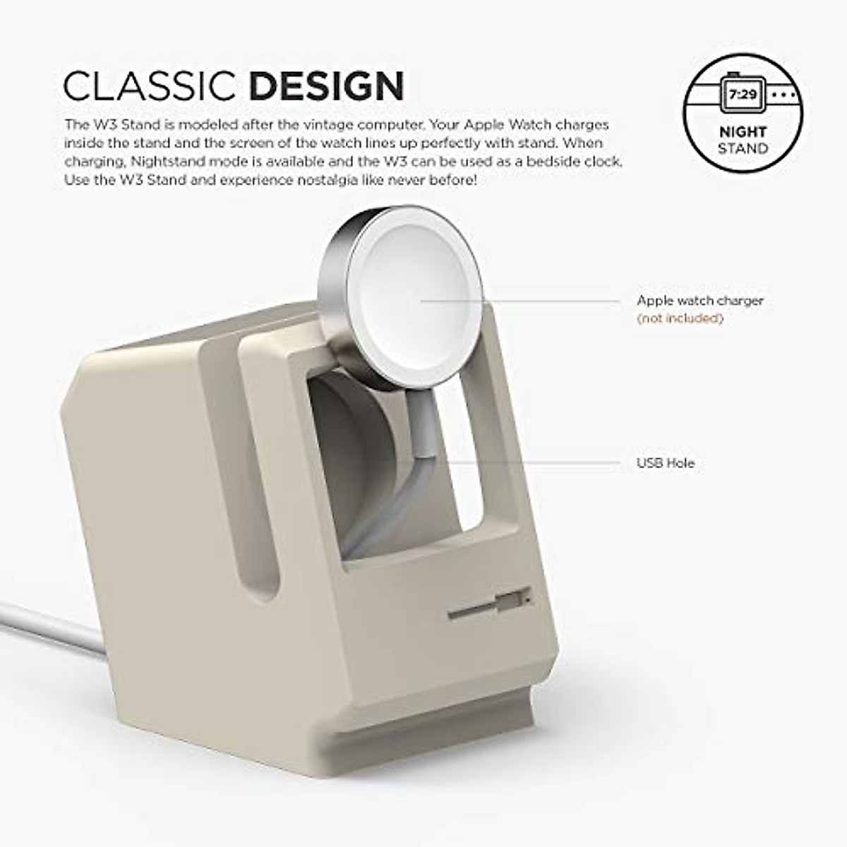 elago W3 Stand Compatible with Apple Watch Series 8/SE2/7/6/SE/5/4/3/2/1 (45mm, 44mm, 42mm, 41mm, 40mm, 38mm) (Classic White) - Classic Monitor Design, Compatible with Nightstand Mode