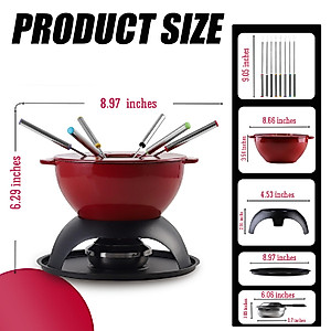 Artestia 11-Piece Cast Iron Fondue Set with Adjustable Burner 6 Colored Forks, 5-Cup Red Cheese Fondue Pot, Perfect for Chocolate, Caramel, Meat, 4-6 Person
