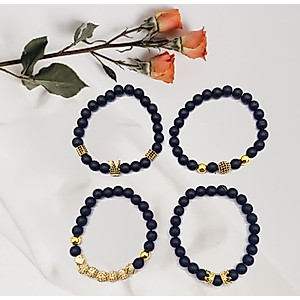SONNYX 4Pcs 8mm Crown King Charm Beads Bracelet for Men Women Natural Black Matte Onyx Stone Beads Elastic Adjustable